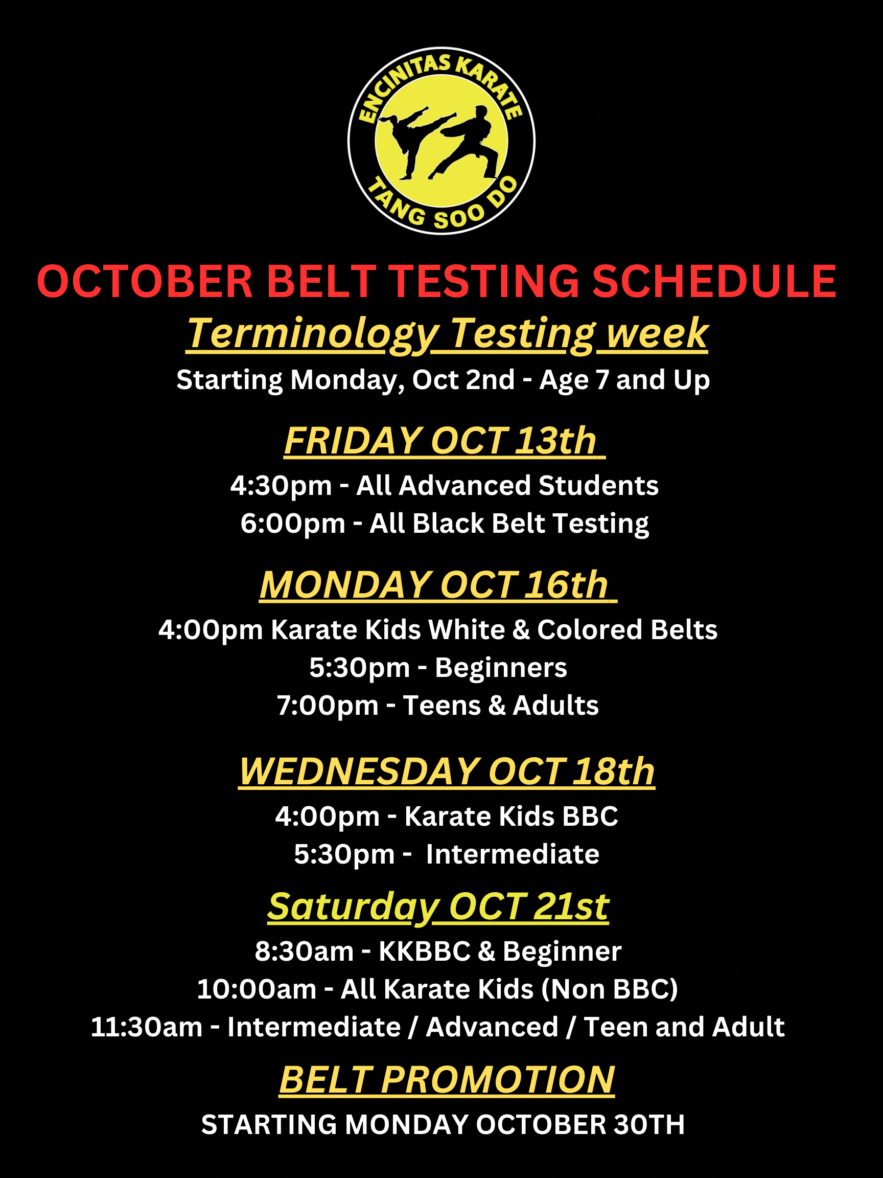 October: Testing Schedule - Encinitas Karate